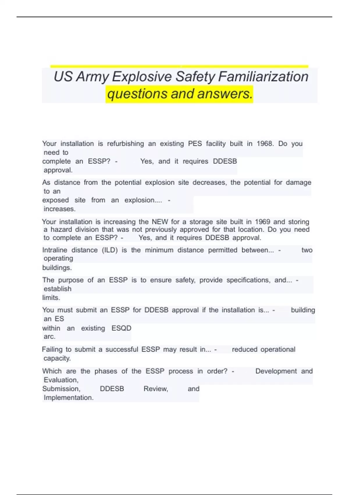 US Army Explosive Safety Familiarization questions and answers. - US ...
