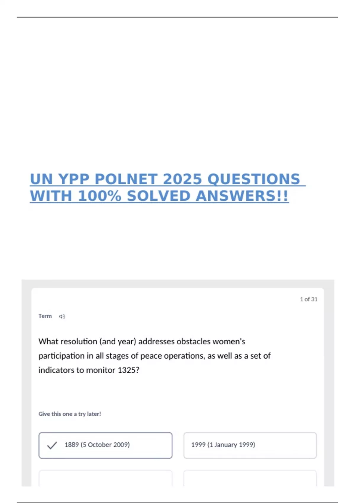 UN YPP POLNET 2025 QUESTIONS WITH 100% SOLVED ANSWERS!! - YPP - Stuvia US