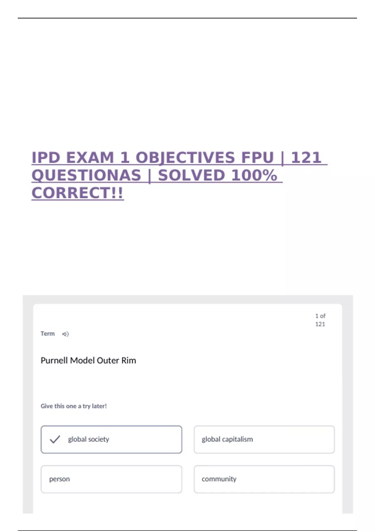 IPD EXAM 1 OBJECTIVES FPU | 121 QUESTIONAS | SOLVED 100% CORRECT!! - IPD - Stuvia US