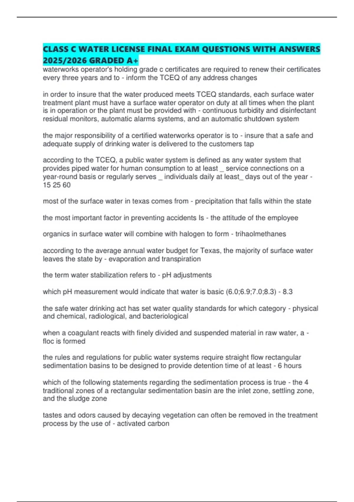 CLASS C WATER LICENSE FINAL EXAM QUESTIONS WITH ANSWERS 2025/2026 ...