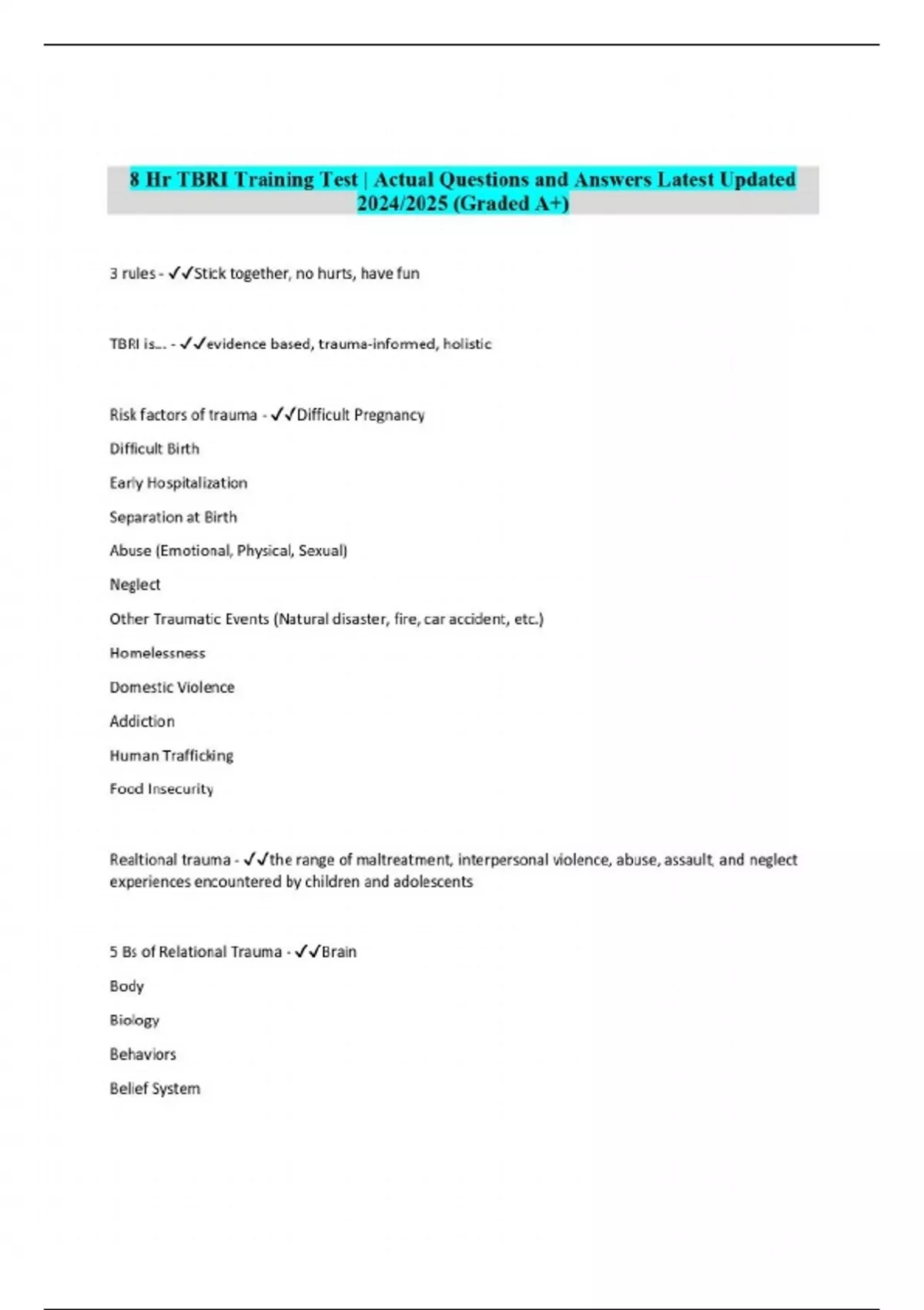 8 Hr TBRI Training Test | Actual Questions and Answers Latest Updated ...