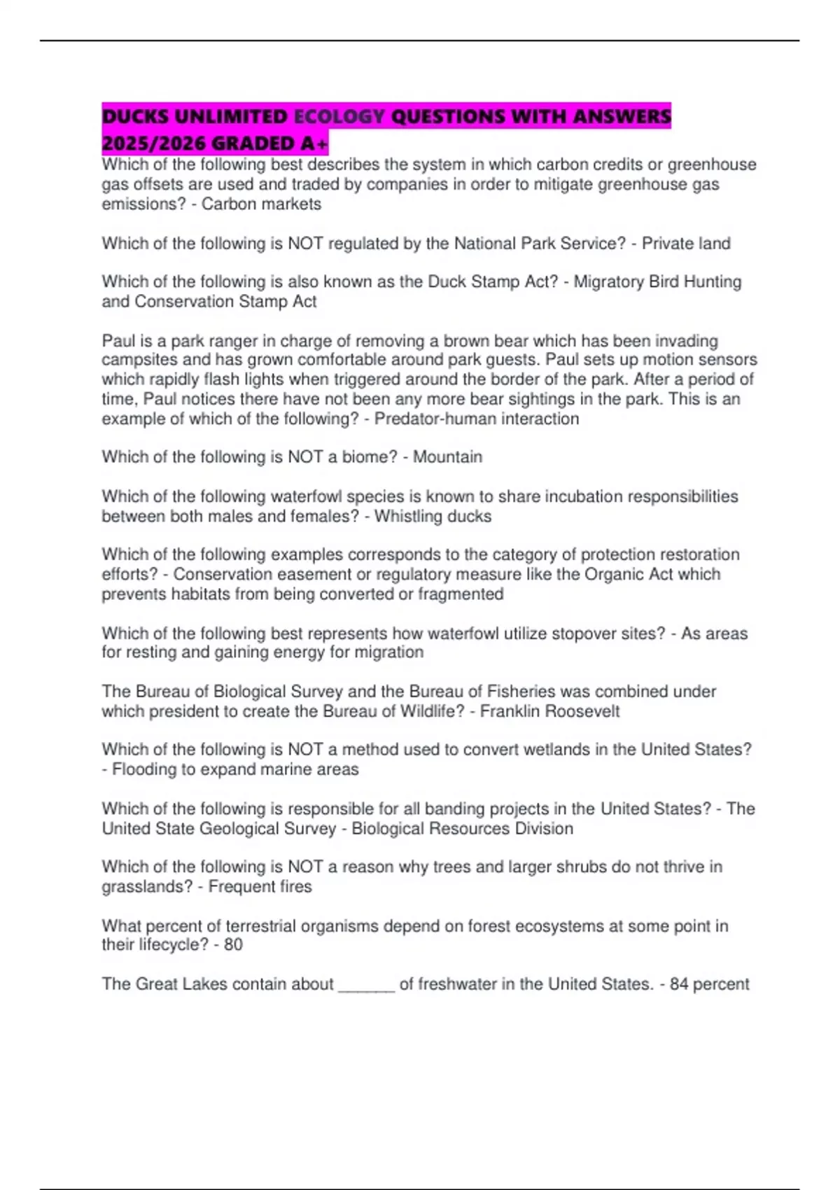 DUCKS UNLIMITED ECOLOGY QUESTIONS WITH ANSWERS 2025/2026 GRADED A+ ...