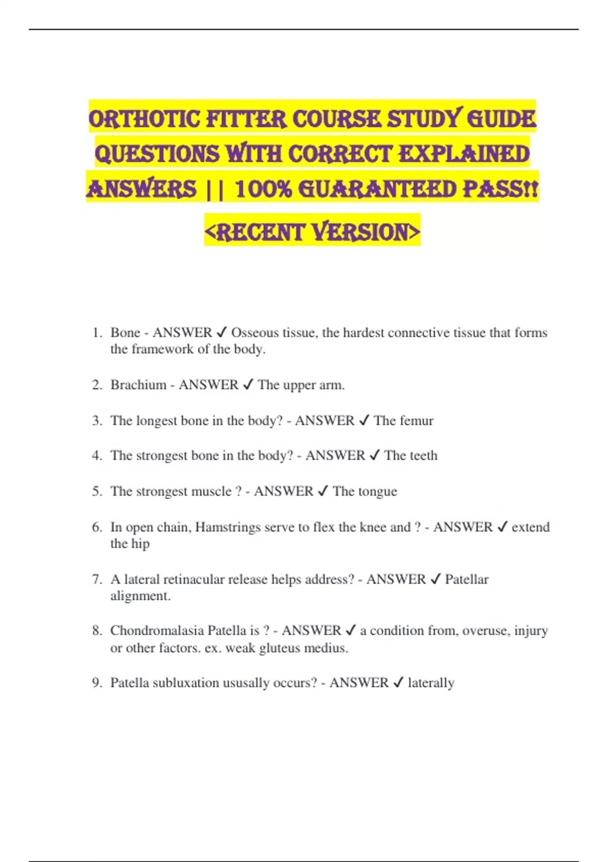 Orthotic Fitter Course STUDY GUIDE QUESTIONS WITH CORRECT EXPLAINED ...