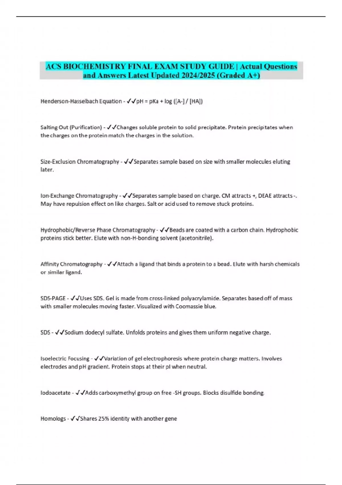 ACS BIOCHEMISTRY FINAL EXAM STUDY GUIDE | Actual Questions and Answers ...