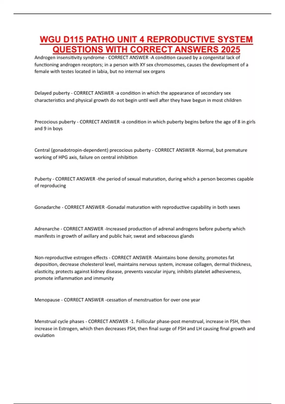 WGU D115 PATHO UNIT 4 REPRODUCTIVE SYSTEM QUESTIONS WITH CORRECT ...