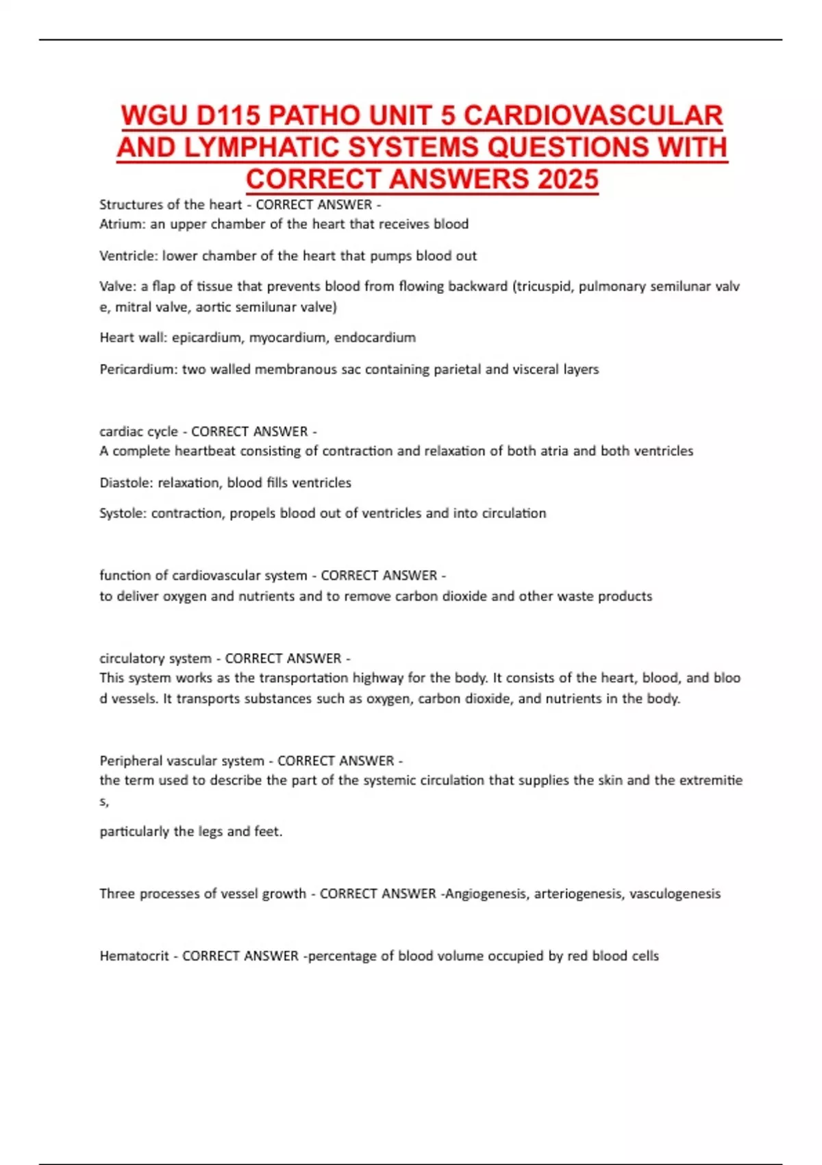 WGU D115 PATHO UNIT 5 CARDIOVASCULAR AND LYMPHATIC SYSTEMS QUESTIONS ...