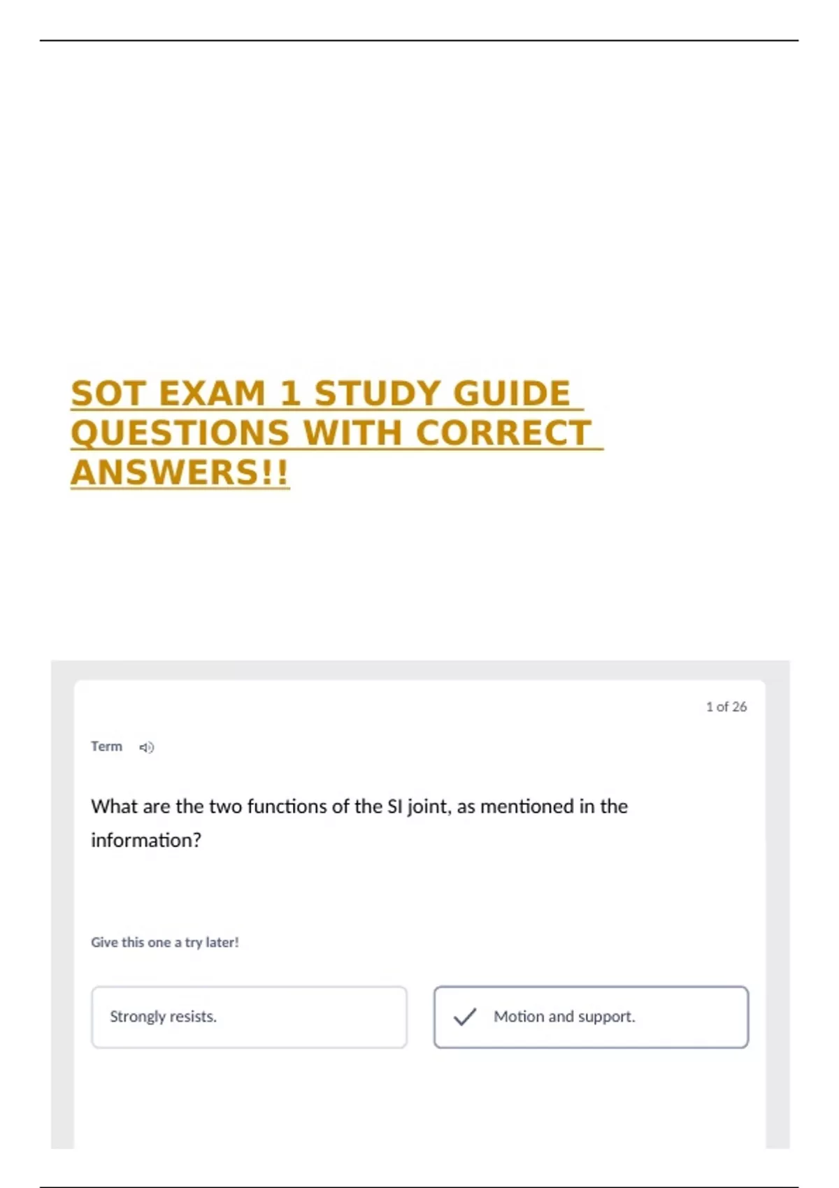 SOT EXAM 1 STUDY GUIDE QUESTIONS WITH CORRECT ANSWERS!! - SOT - Stuvia US