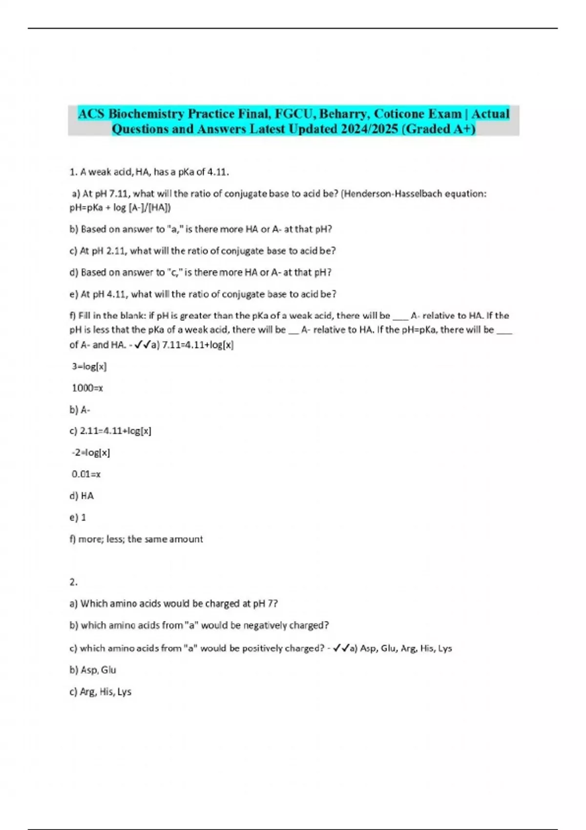 ACS Biochemistry Practice Final, FGCU, Beharry, Coticone Exam | Actual ...