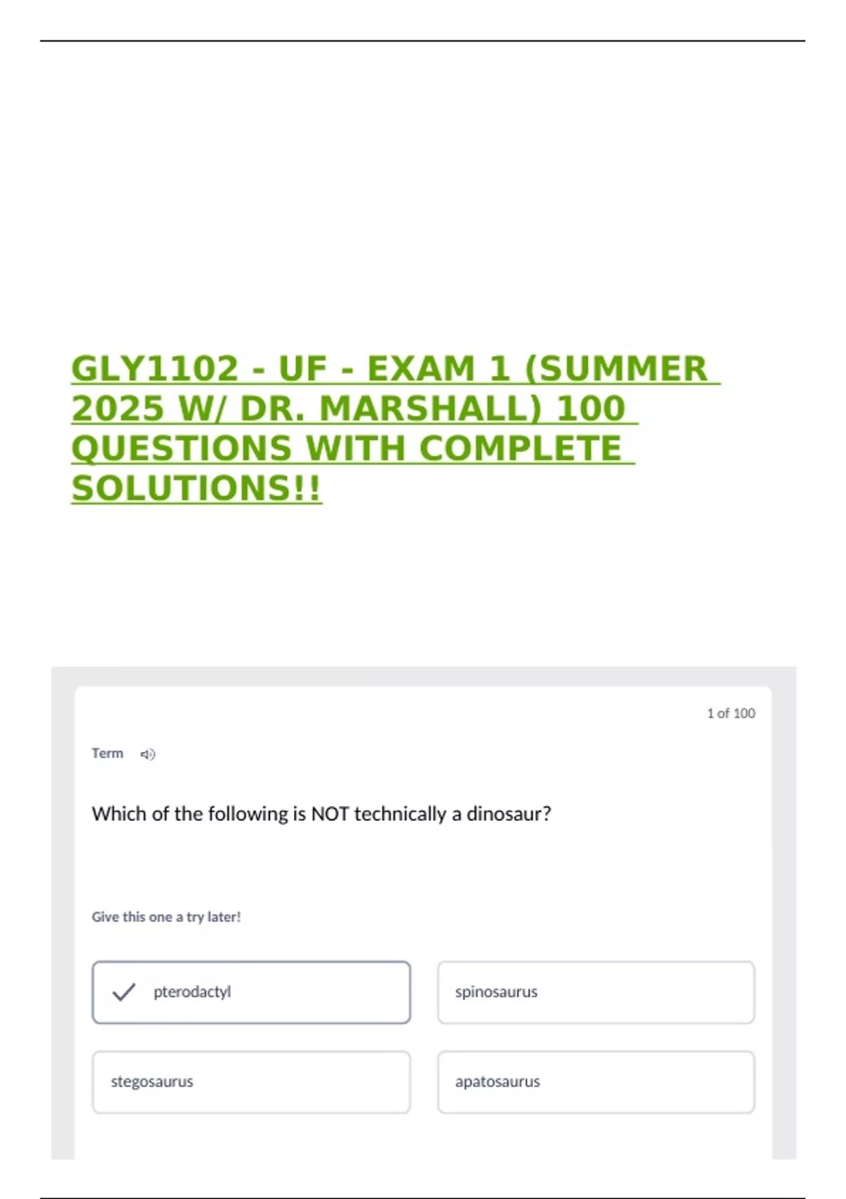 GLY1102 - UF - EXAM 1 (SUMMER 2025 W/ DR. MARSHALL) 100 QUESTIONS WITH ...