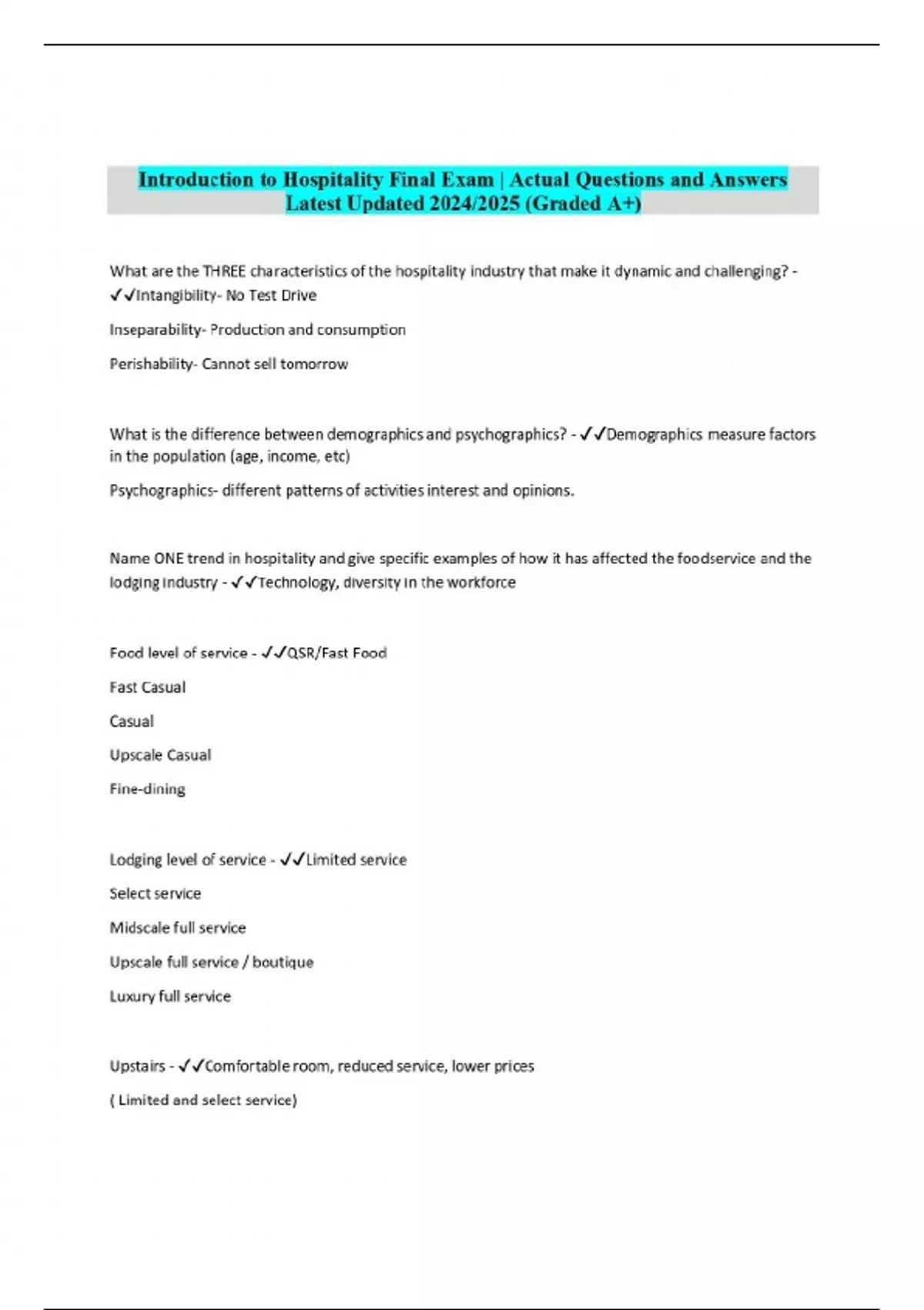 Introduction to Hospitality Final Exam | Actual Questions and Answers ...