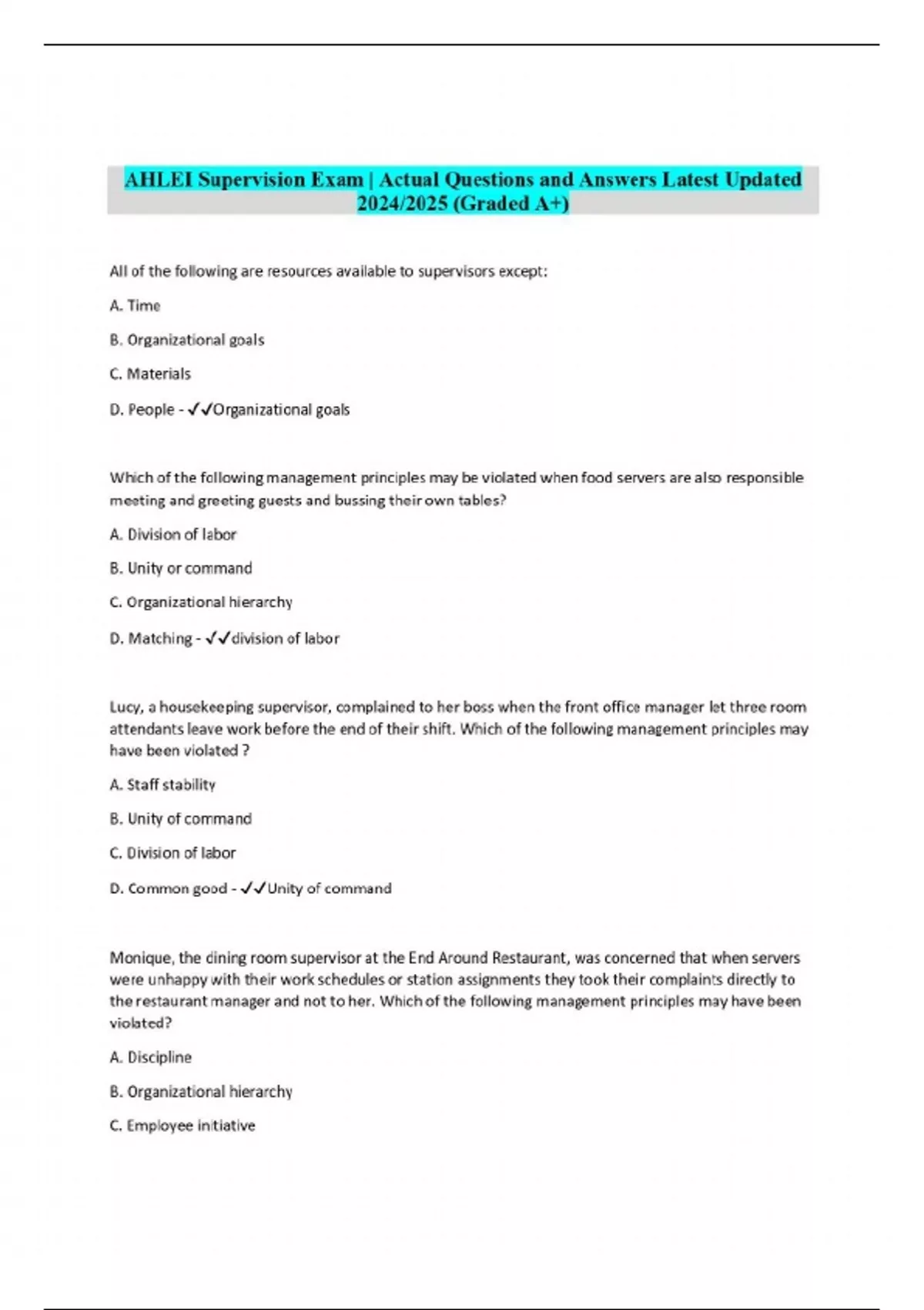 AHLEI Supervision Exam | Actual Questions and Answers Latest Updated ...