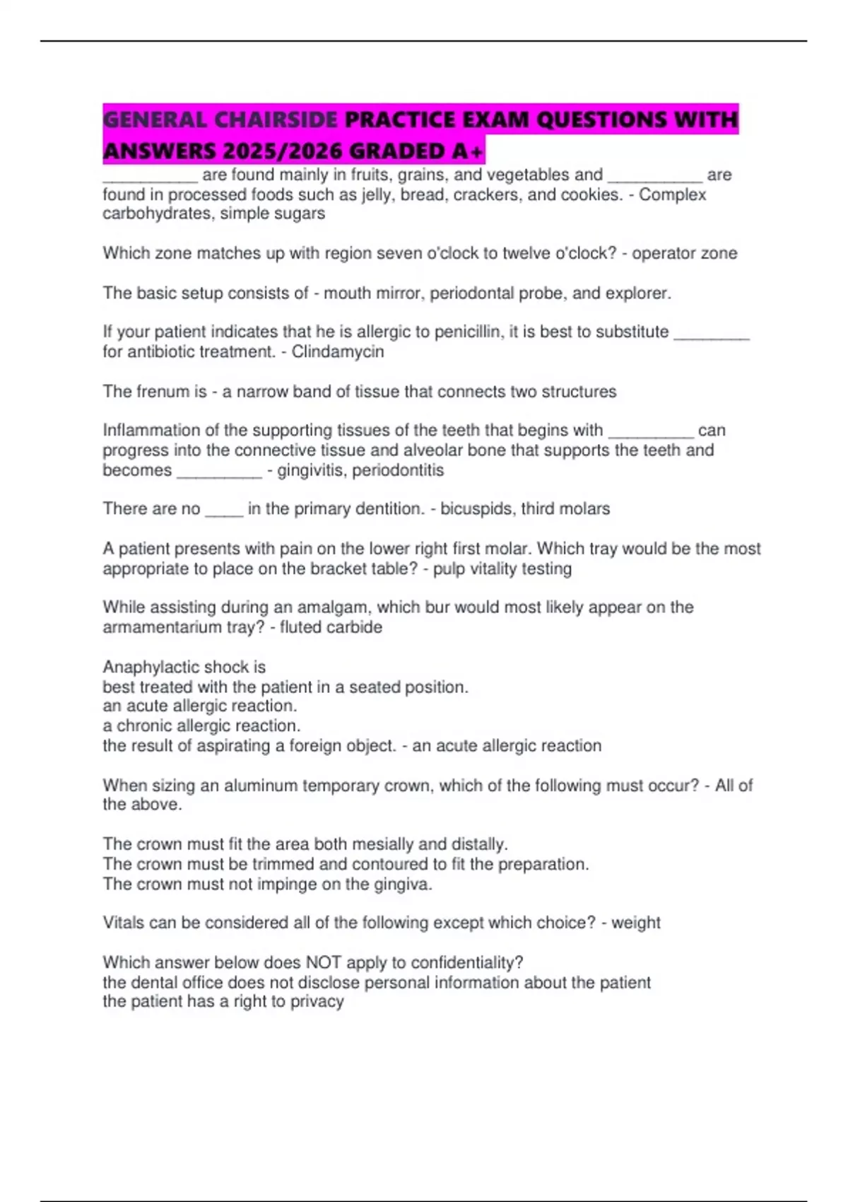 GENERAL CHAIRSIDE PRACTICE EXAM QUESTIONS WITH ANSWERS 2025/2026 GRADED ...