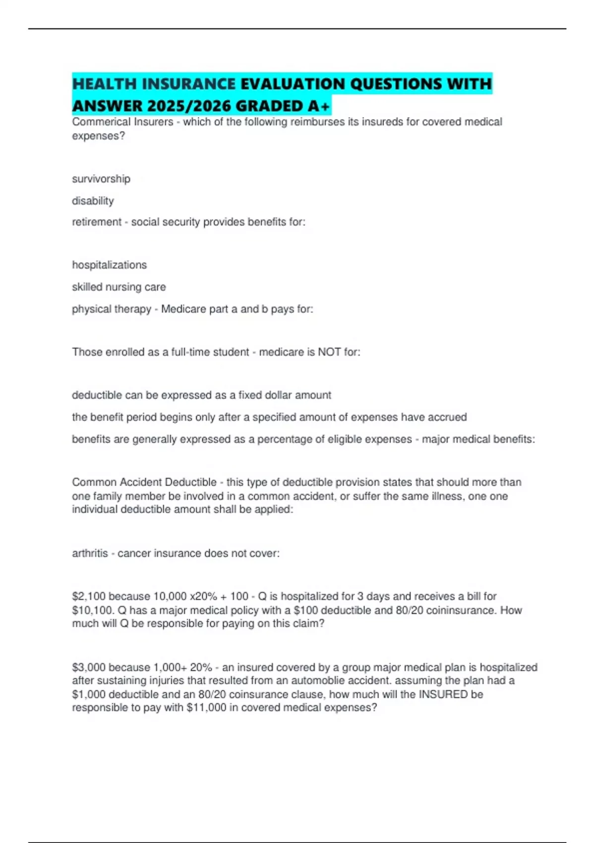 HEALTH INSURANCE EVALUATION QUESTIONS WITH ANSWER 2025/2026 GRADED A+ ...