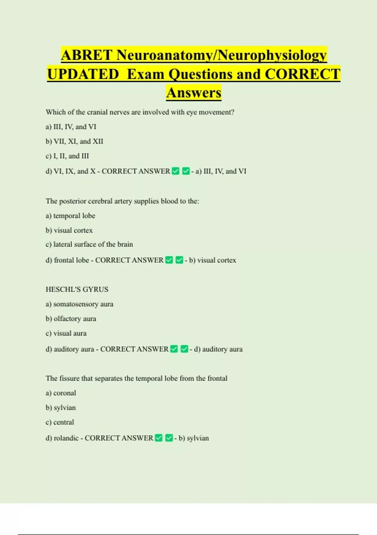 ABRET Neuroanatomy/Neurophysiology UPDATED Exam Questions and CORRECT ...