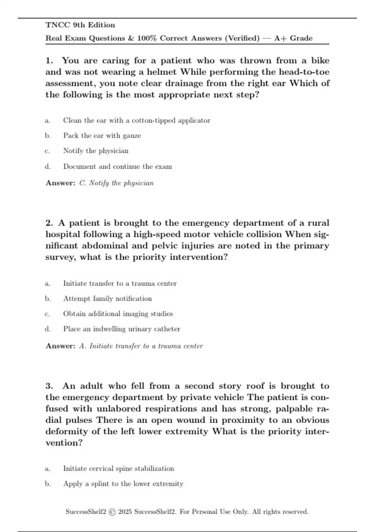 TNCC 9th Edition Updated Questions With Detailed Verified Answers (100% ...