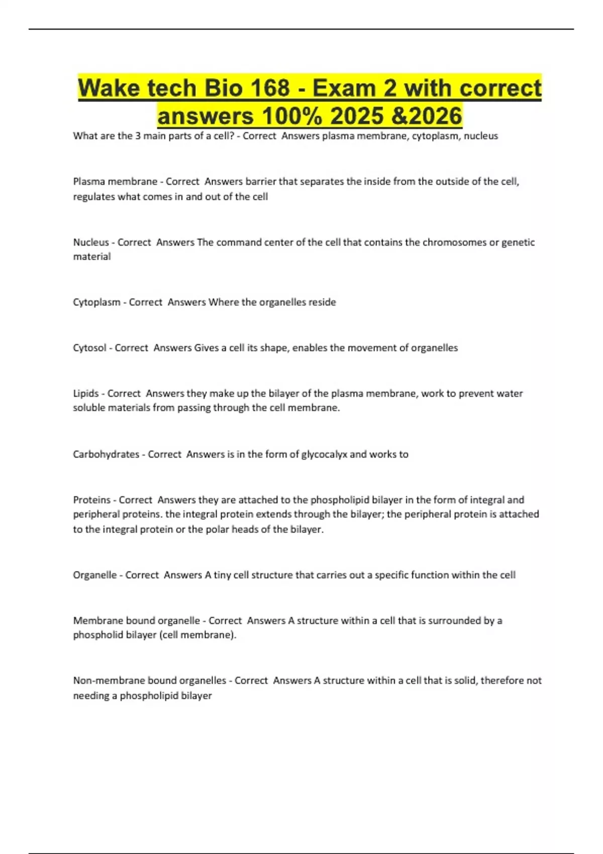 Wake tech Bio 168 - Exam 2 with correct answers 100% 2025 &2026 - BIO ...