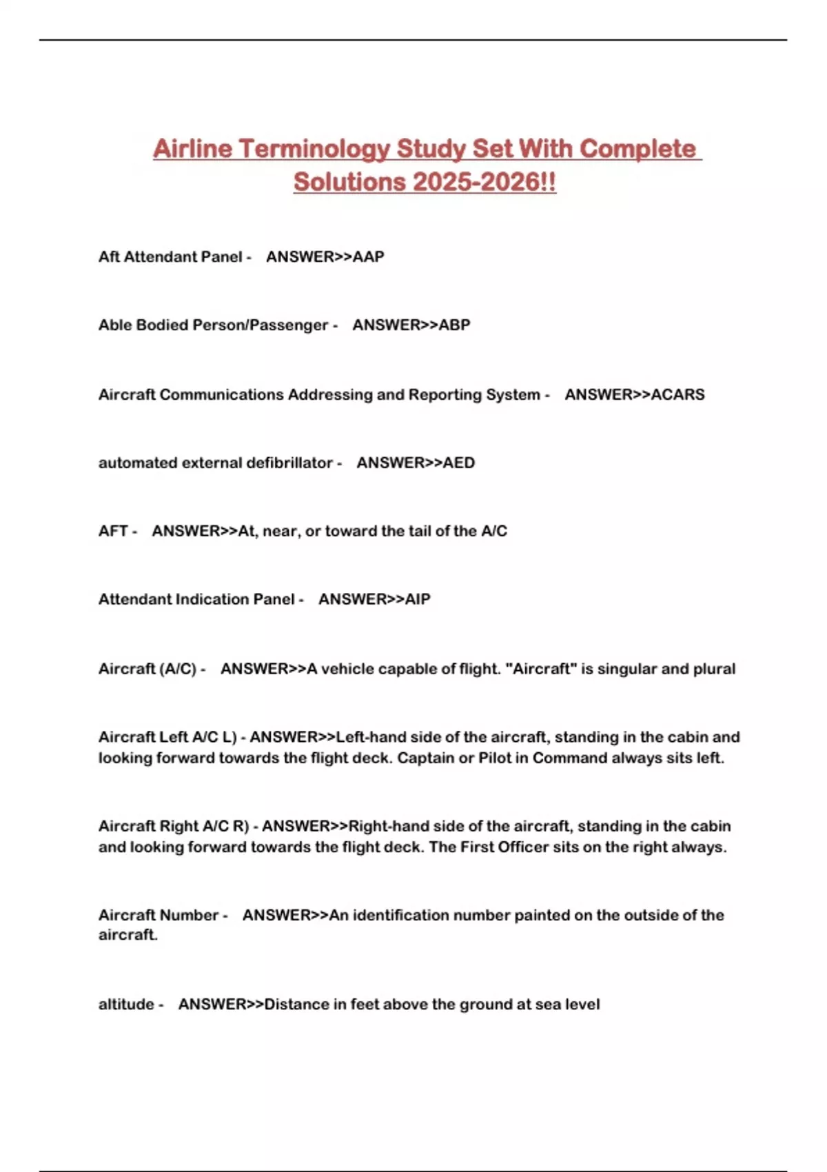 Airline Terminology Study Set With Complete Solutions !! - Airline ...