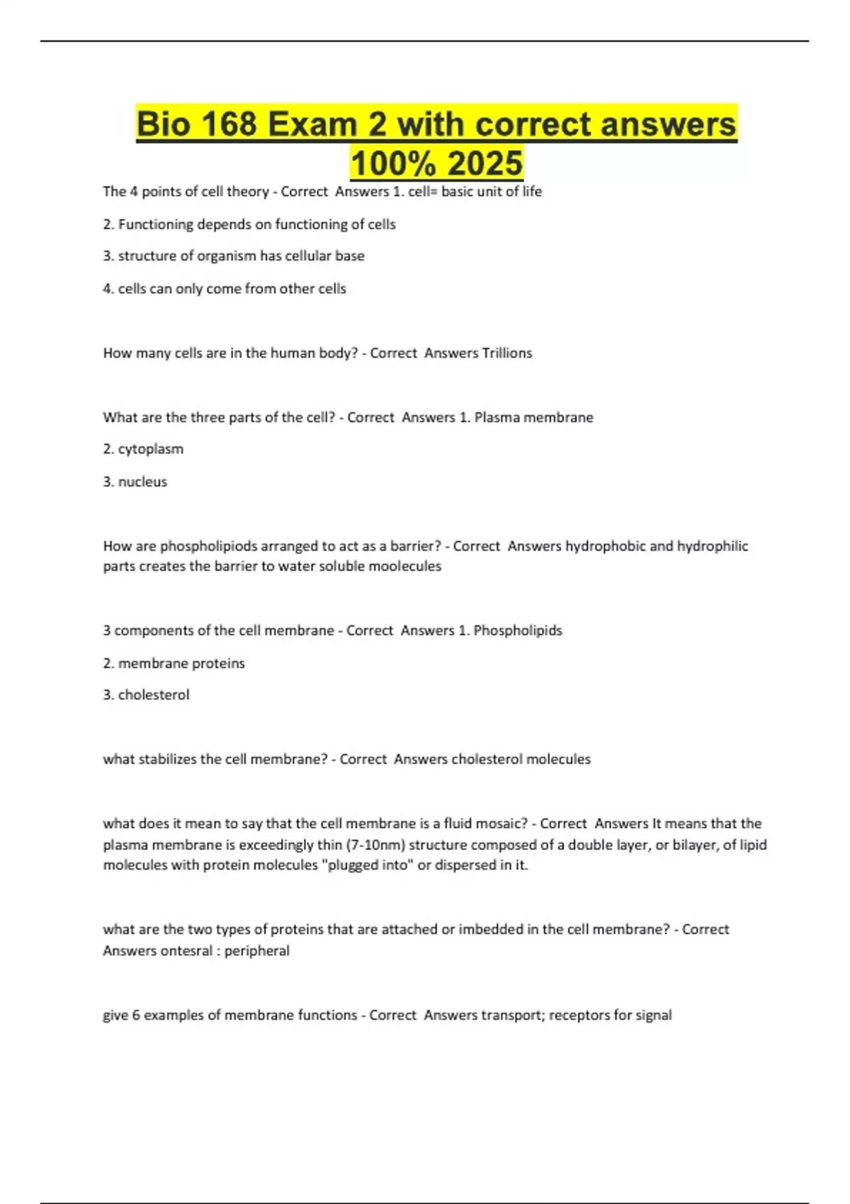 Bio 168 Exam 2 with correct answers 100% 2025 - BIO 168 - Stuvia US