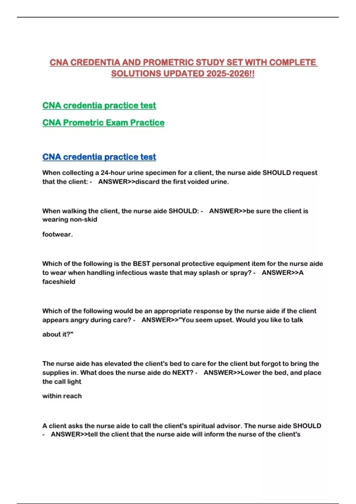CNA CREDENTIA AND PROMETRIC STUDY SET WITH COMPLETE SOLUTIONS UPDATED ...