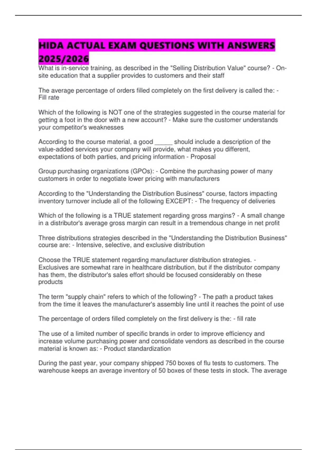 HIDA ACTUAL EXAM QUESTIONS WITH ANSWERS 2025/2026 - HIDA - Stuvia US
