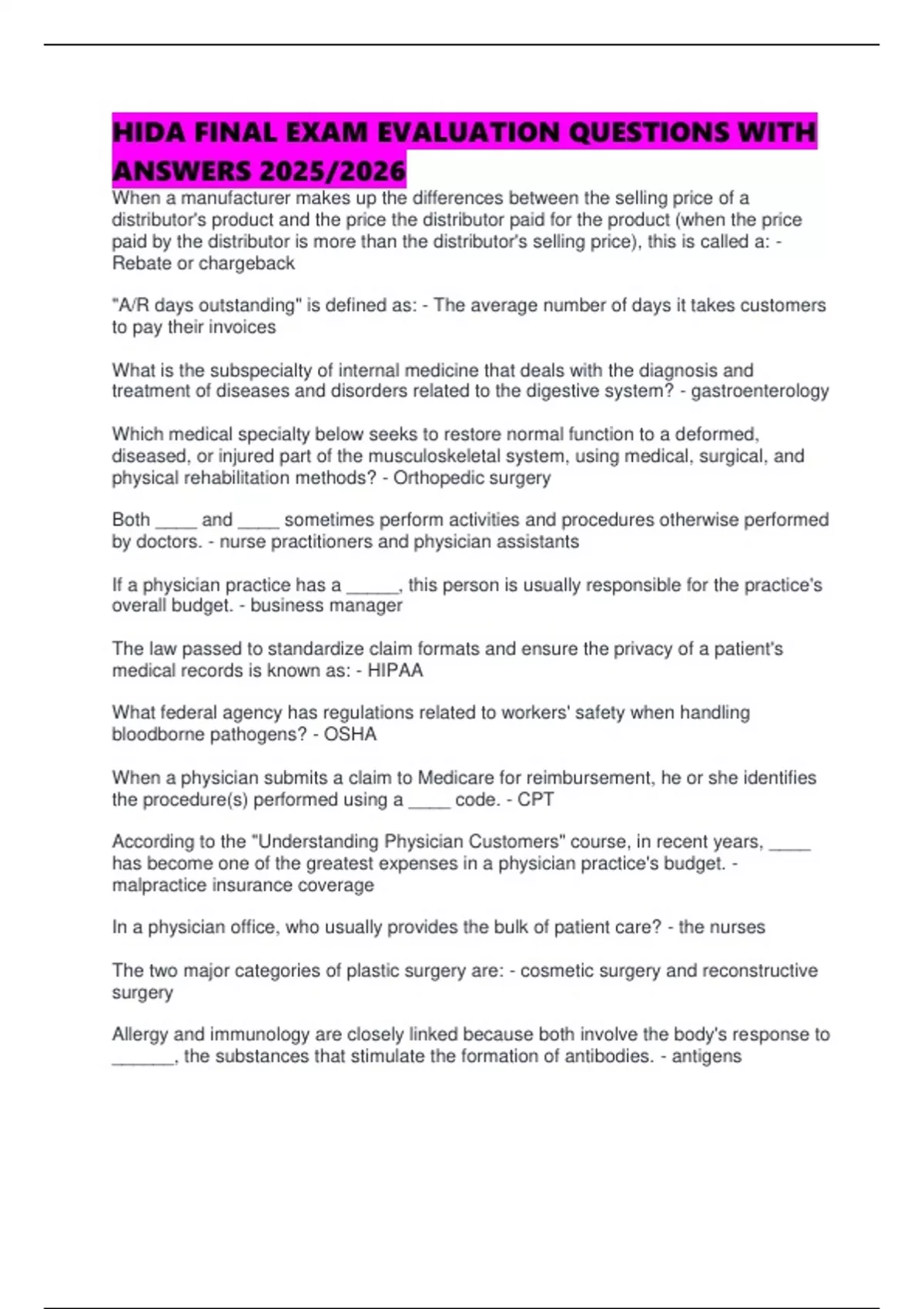 HIDA FINAL EXAM EVALUATION QUESTIONS WITH ANSWERS 2025/2026 - HIDA ...