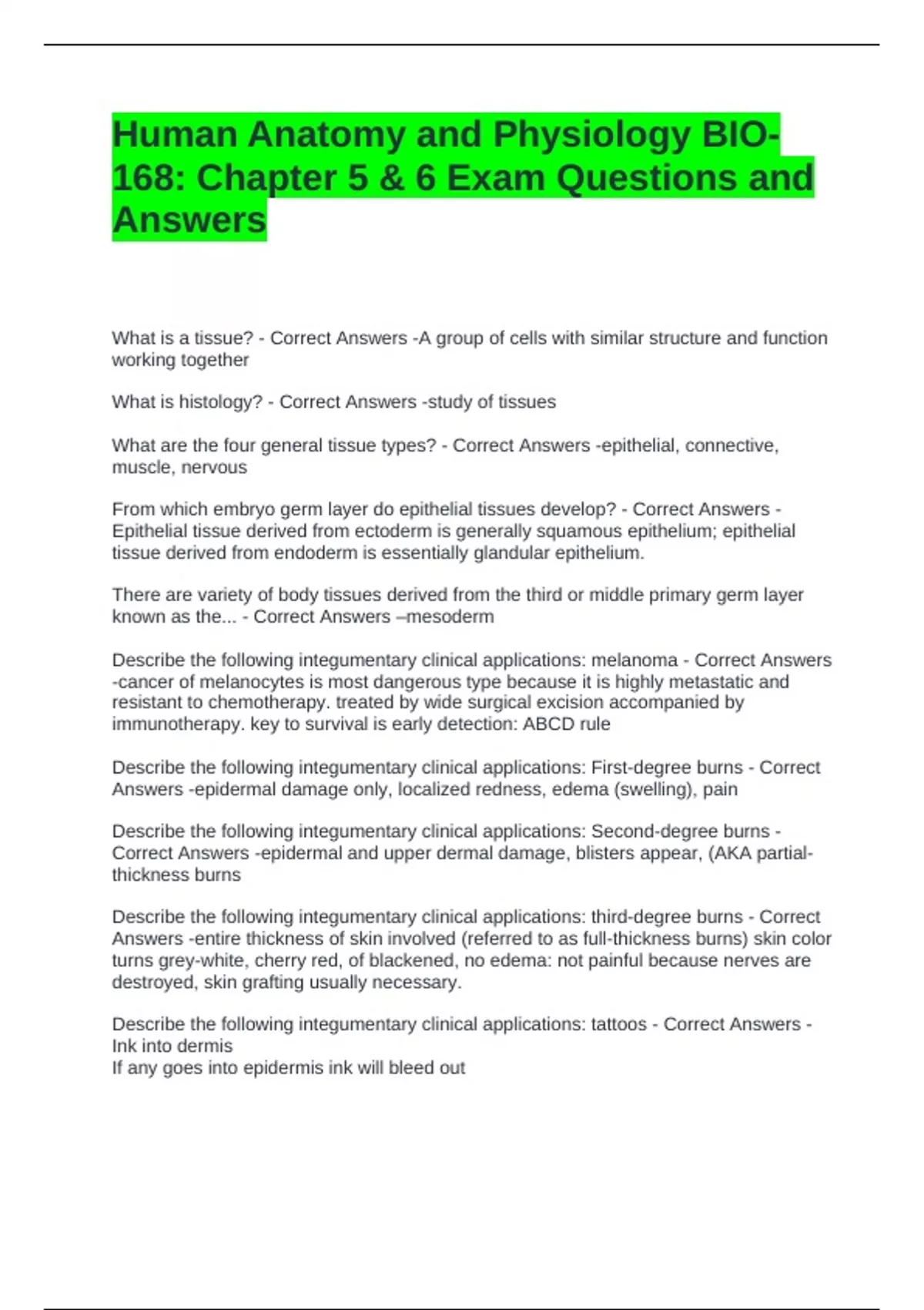 Human Anatomy and Physiology BIO-168 Chapter 5 & 6 Exam Questions and ...