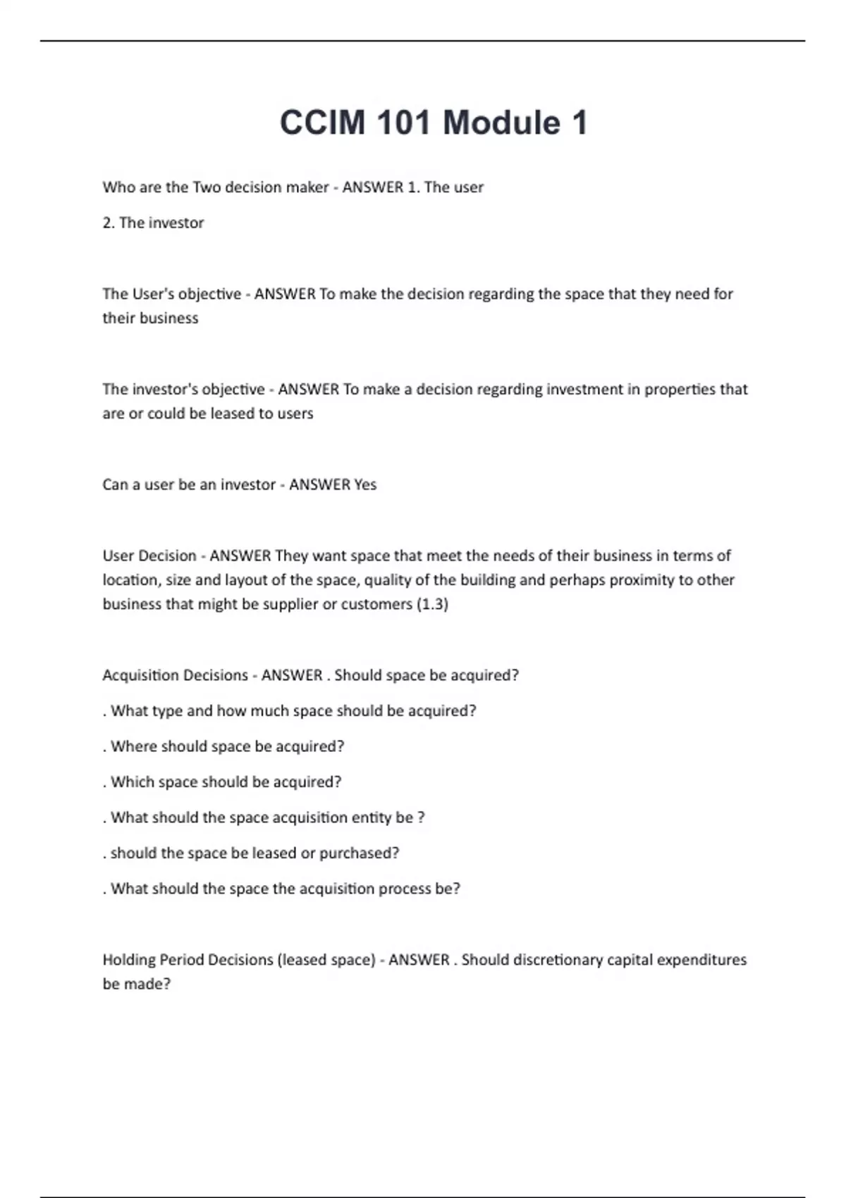 CCIM 101 MODULE 1, 2, 3, 4 EXAM PACKAGE DEAL QUESTIONS AND ANSWERS WITH VERIFIED SOLUTIONS ...