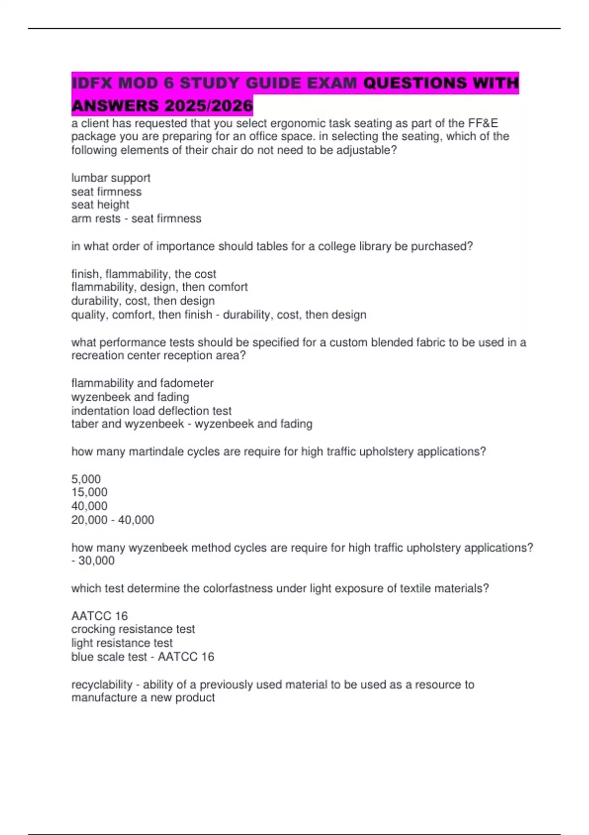 IDFX MOD 6 STUDY GUIDE EXAM QUESTIONS WITH ANSWERS 2025/2026 - NCIDQ ...