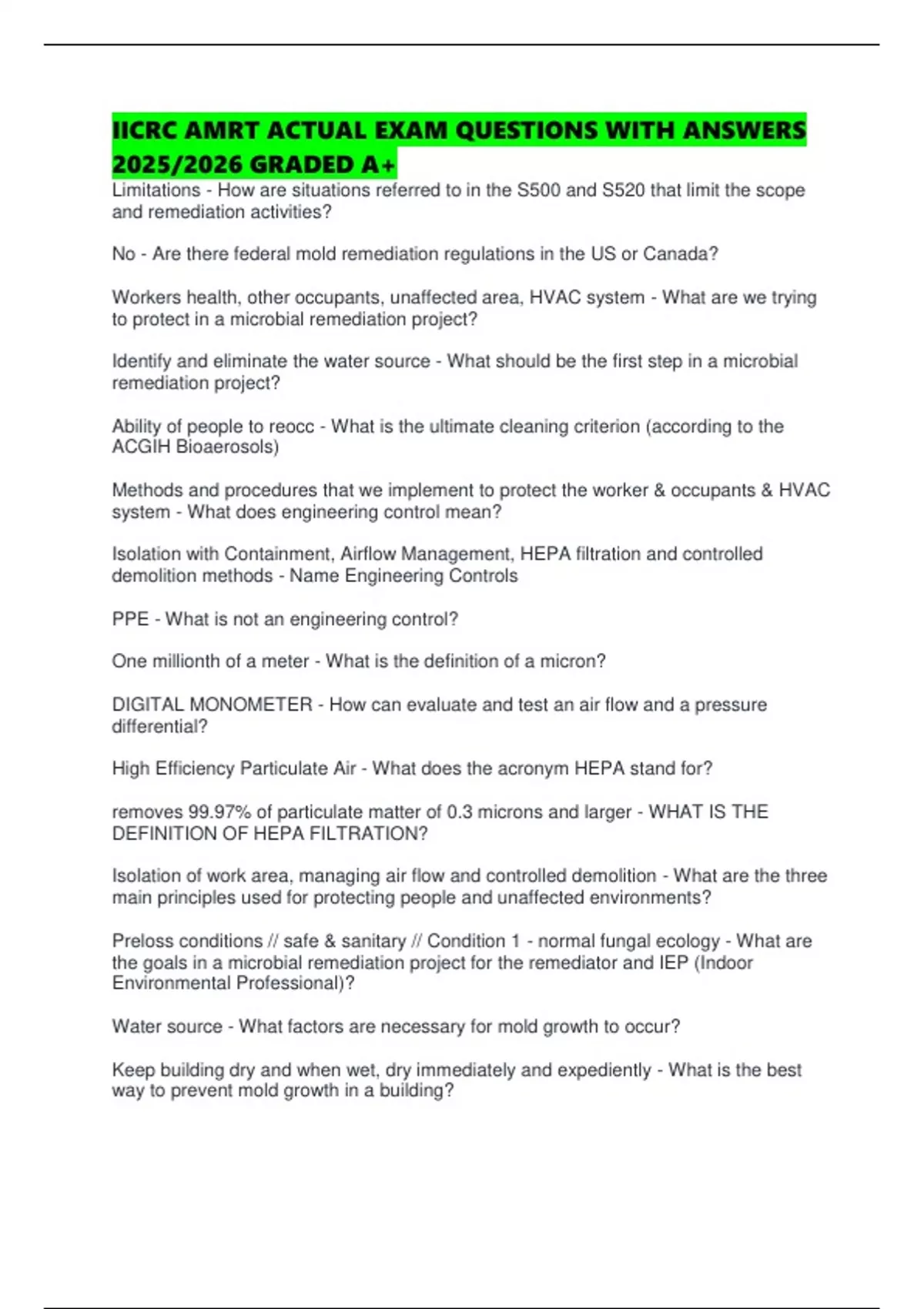 IICRC AMRT ACTUAL EXAM QUESTIONS WITH ANSWERS 2025/2026 GRADED A+ ...