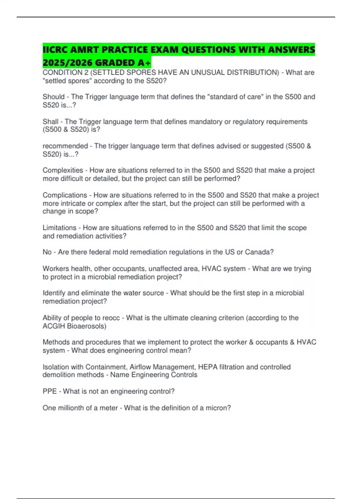 IICRC AMRT PRACTICE EXAM QUESTIONS WITH ANSWERS 2025/2026 GRADED A+ ...