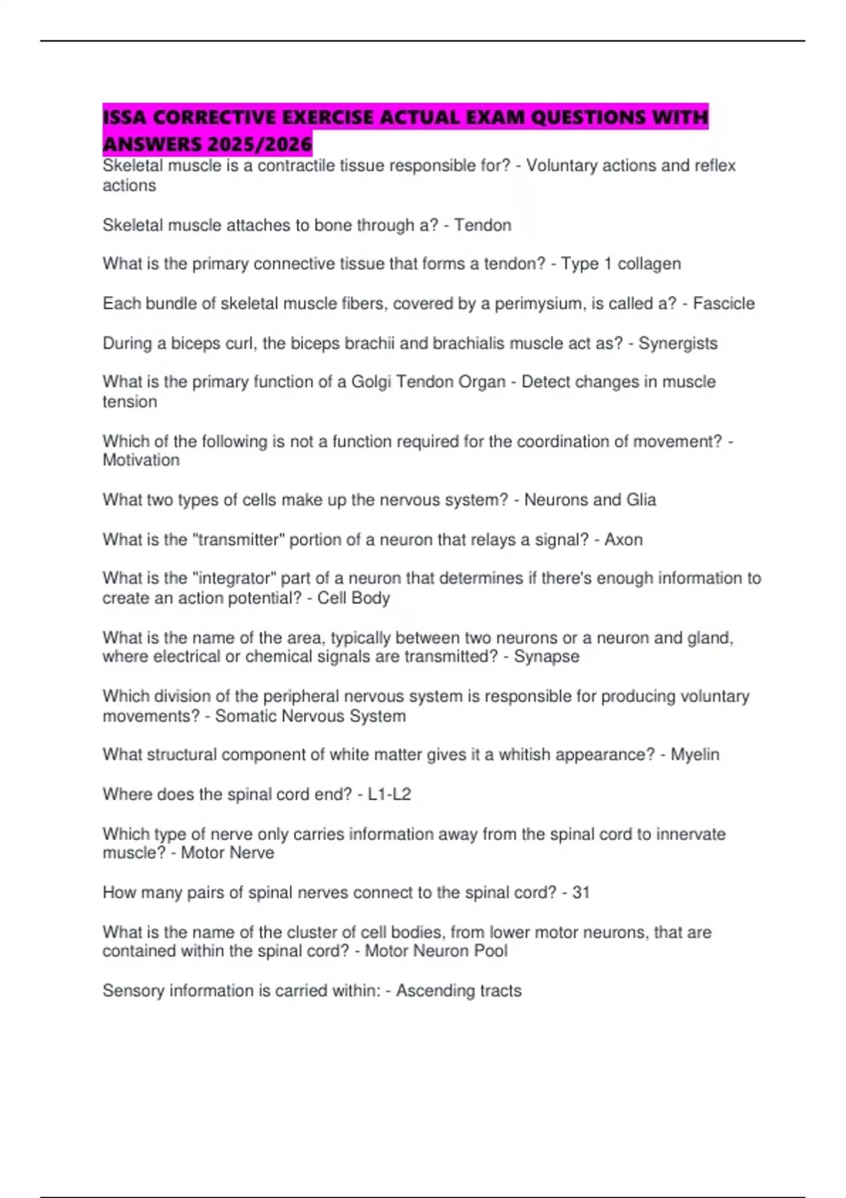 ISSA CORRECTIVE EXERCISE ACTUAL EXAM QUESTIONS WITH ANSWERS 2025/2026 ...