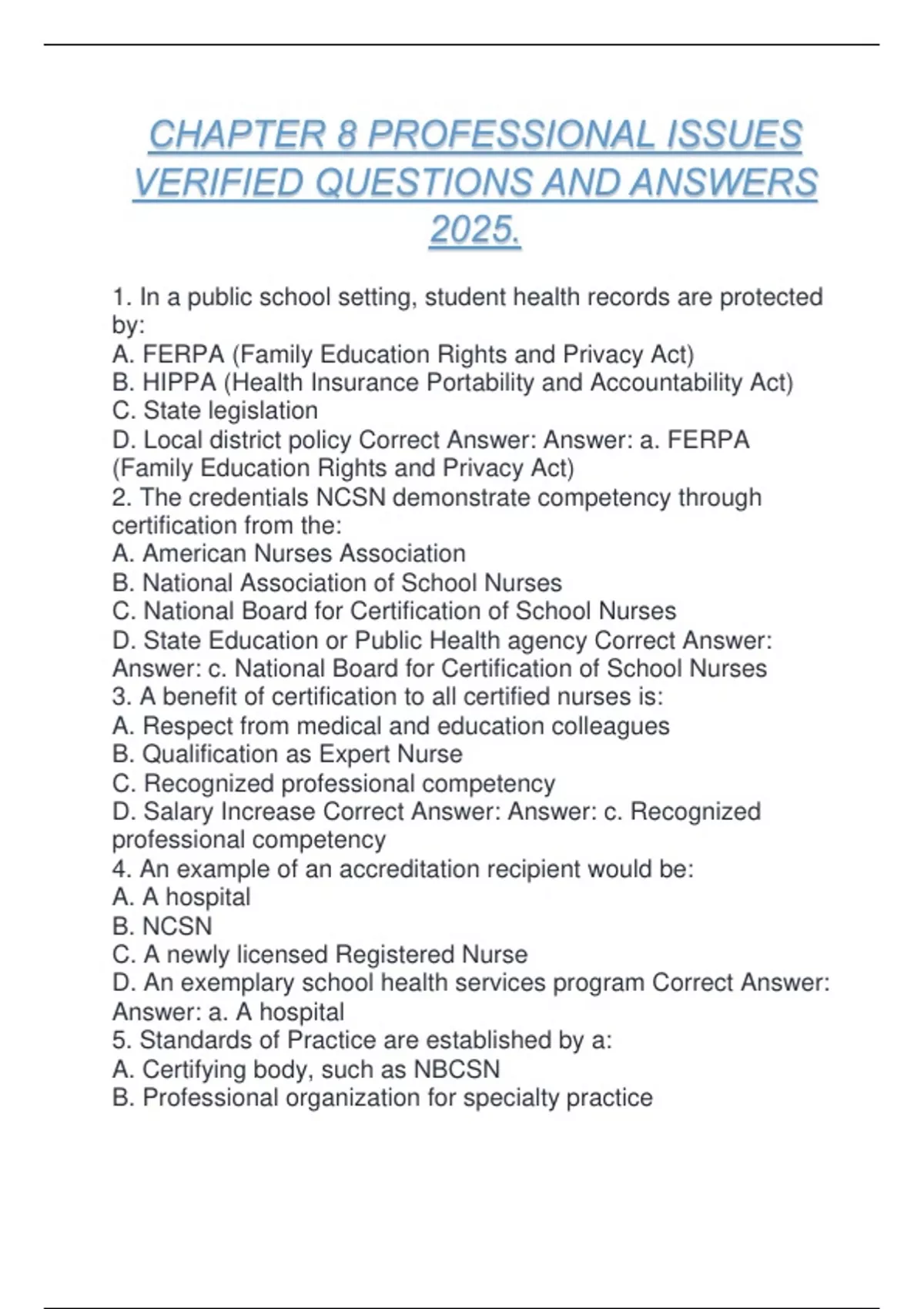 CHAPTER 8 PROFESSIONAL ISSUES VERIFIED QUESTIONS AND ANSWERS 2025 ...