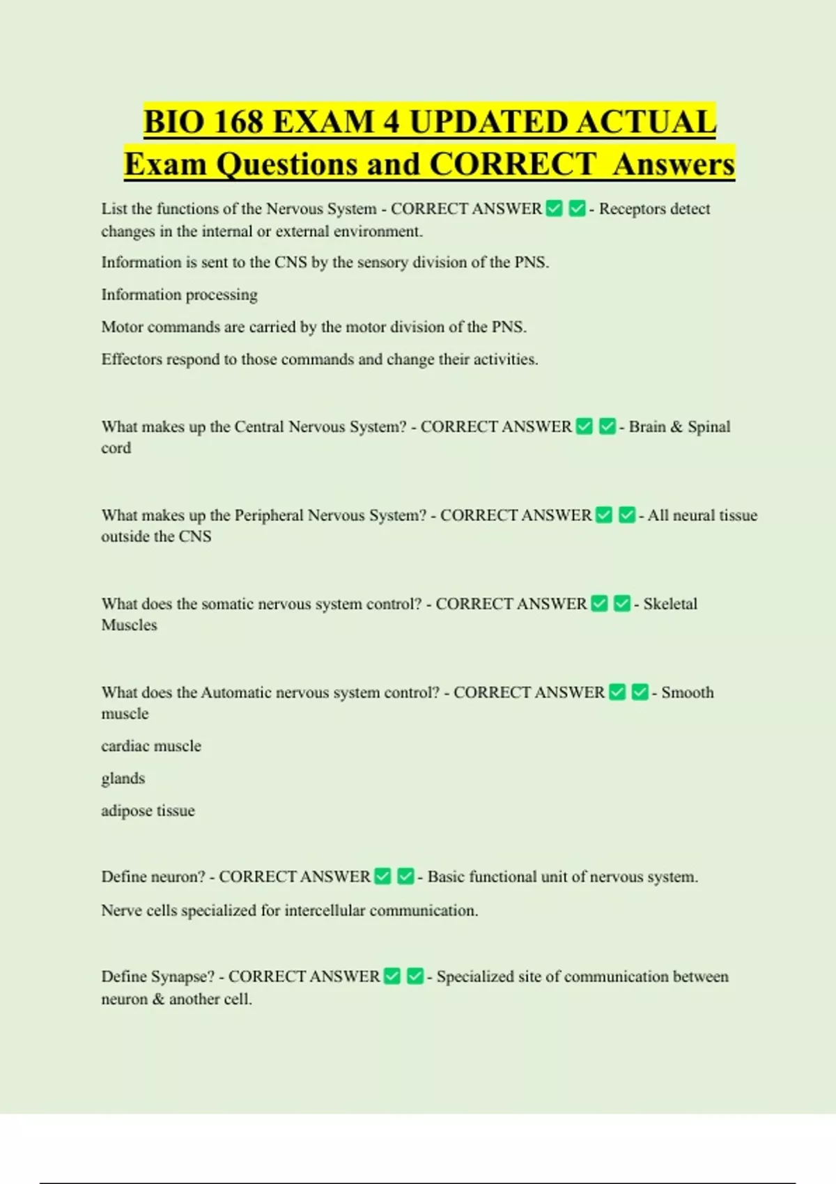 BIO 168 EXAM 4 UPDATED ACTUAL Exam Questions and CORRECT Answers - BIO ...