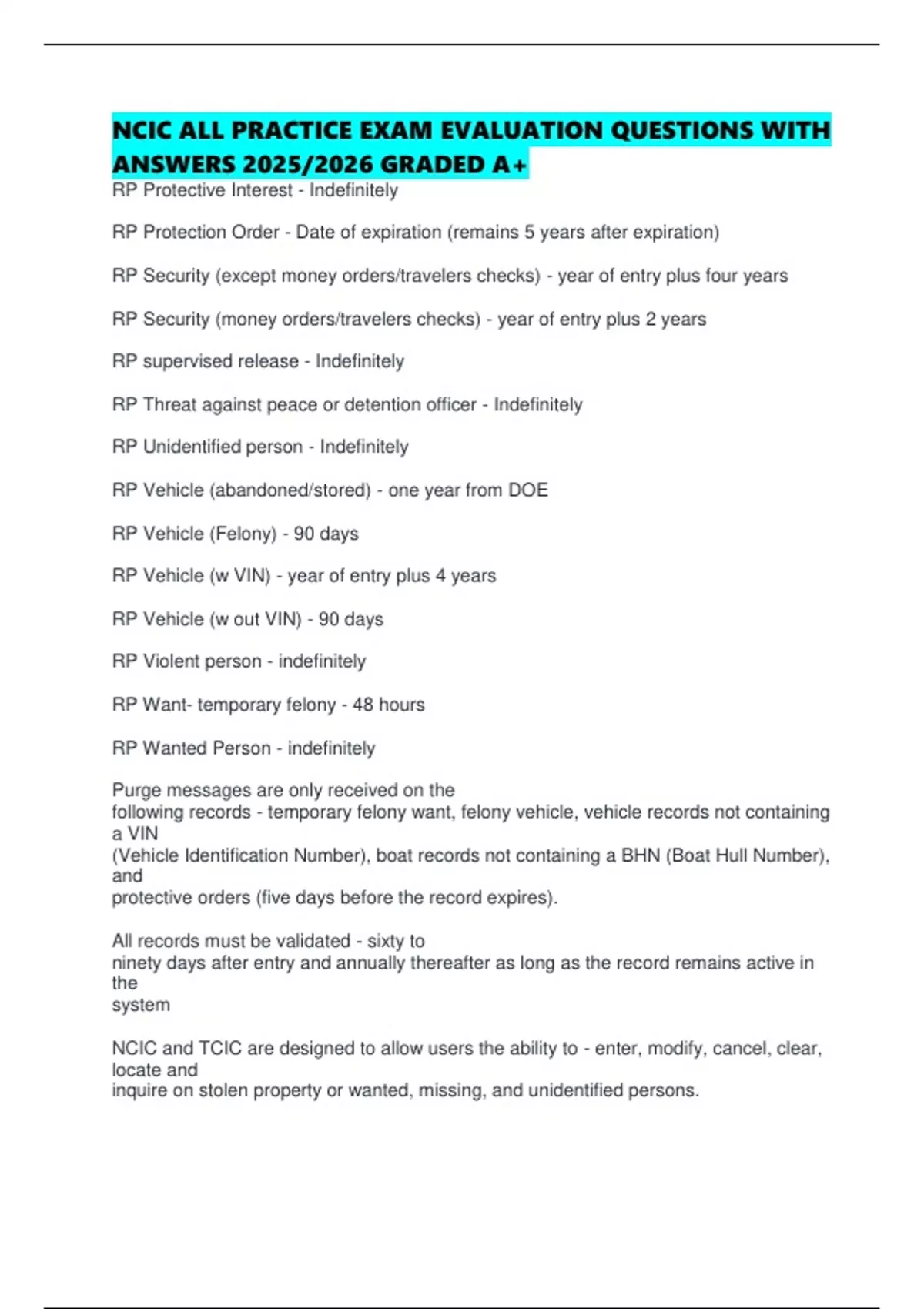 NCIC ALL PRACTICE EXAM EVALUATION QUESTIONS WITH ANSWERS 2025/2026 GRADED A+ - Ncic tcic - Stuvia US