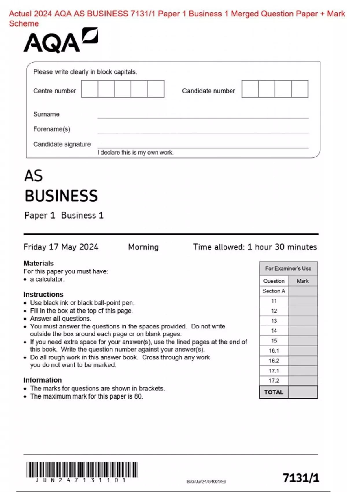 Actual 2024 AQA A-LEVEL BUSINESS Business Merged Question Paper + Mark ...