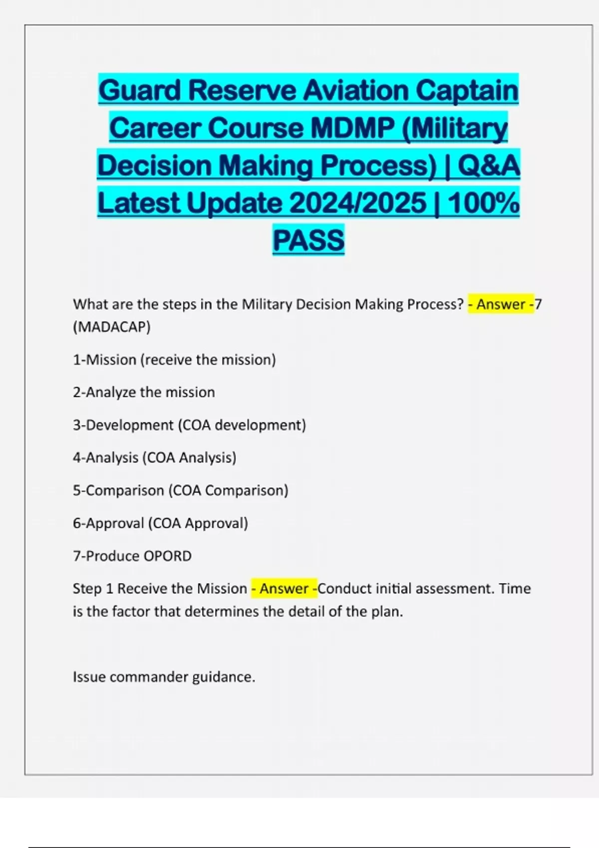 Guard Reserve Aviation Captain Career Course MDMP (Military Decision ...