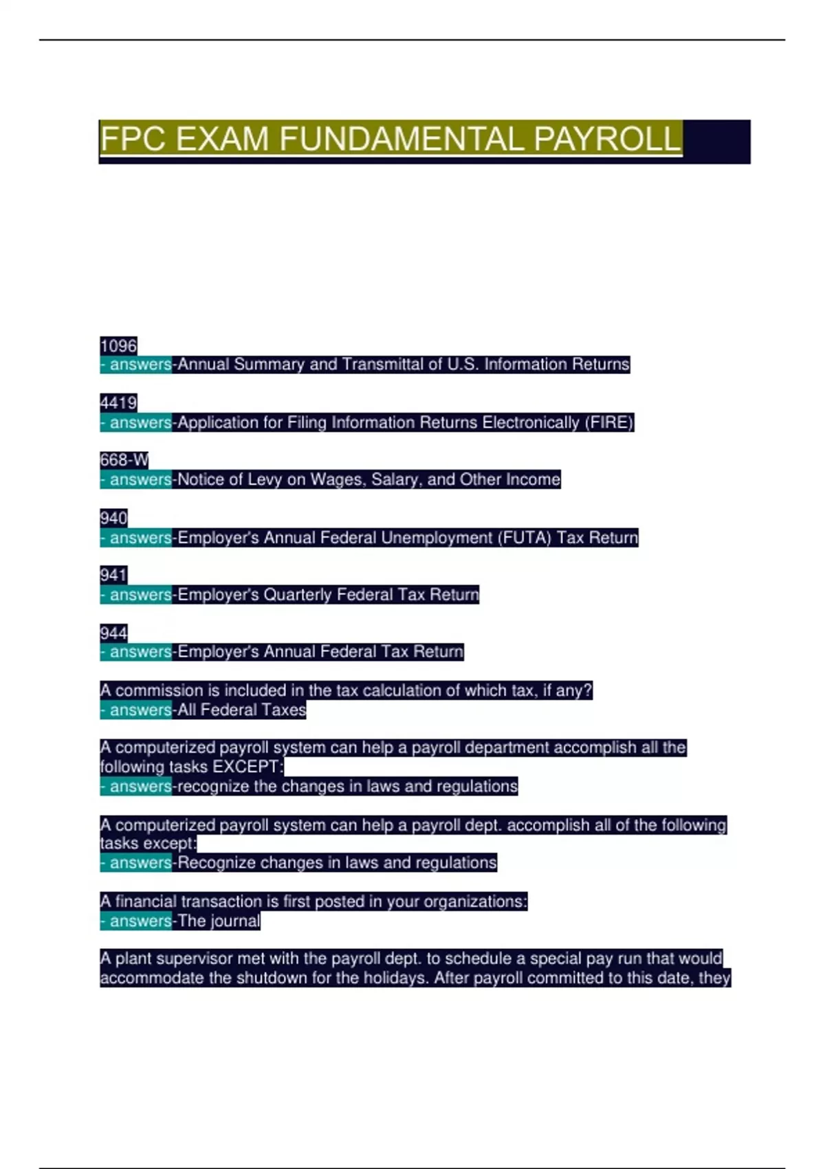 Fpc Exam Fundamental Payroll Certification Exam Test 2025 Verified Questions And Correct Answers