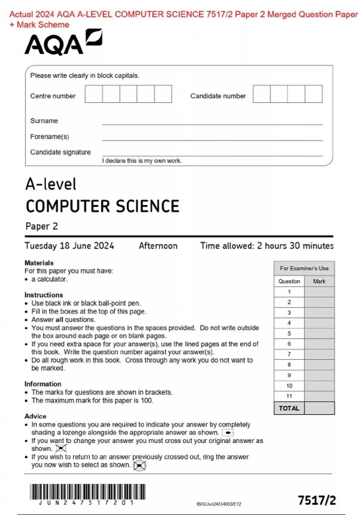 Actual 2024 AQA A-LEVEL COMPUTER SCIENCE 7517/2 Paper 2 Merged Question Paper + Mark Scheme ...