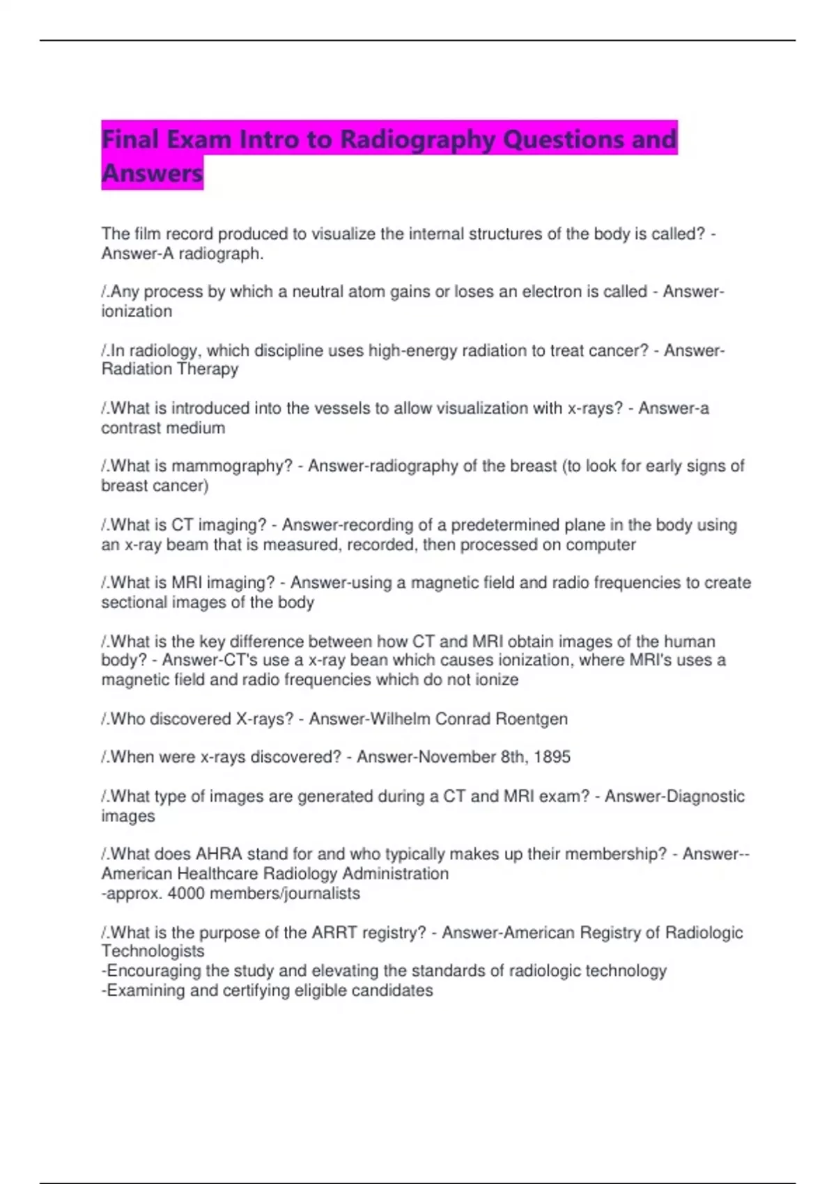 Final Exam Intro to Radiography Questions and Answers - Intro to Radiography - Stuvia US