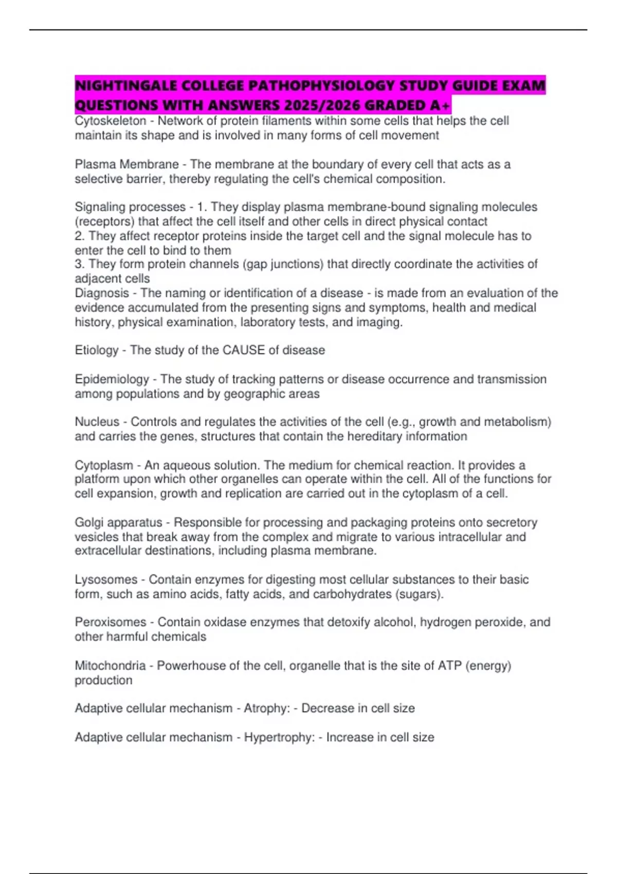 NIGHTINGALE COLLEGE PATHOPHYSIOLOGY STUDY GUIDE EXAM QUESTIONS WITH ...