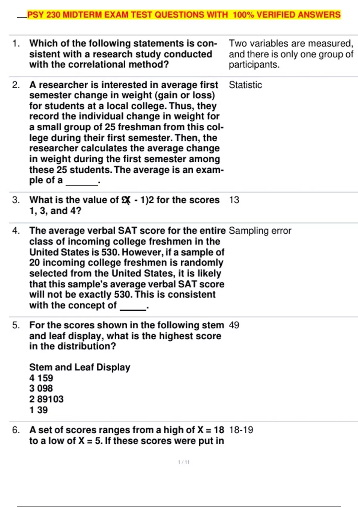 PSY 230 MIDTERM EXAM TEST QUESTIONS WITH 100% VERIFIED ANSWERS - PSY ...