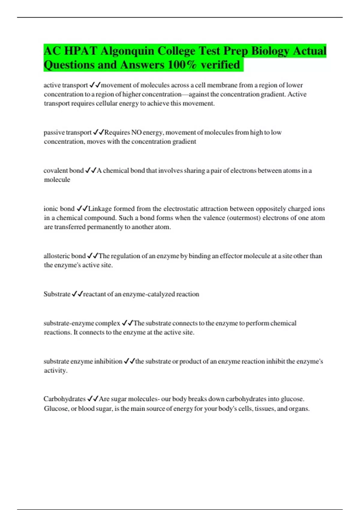 AC HPAT Algonquin College Test Prep Biology Actual Questions and ...