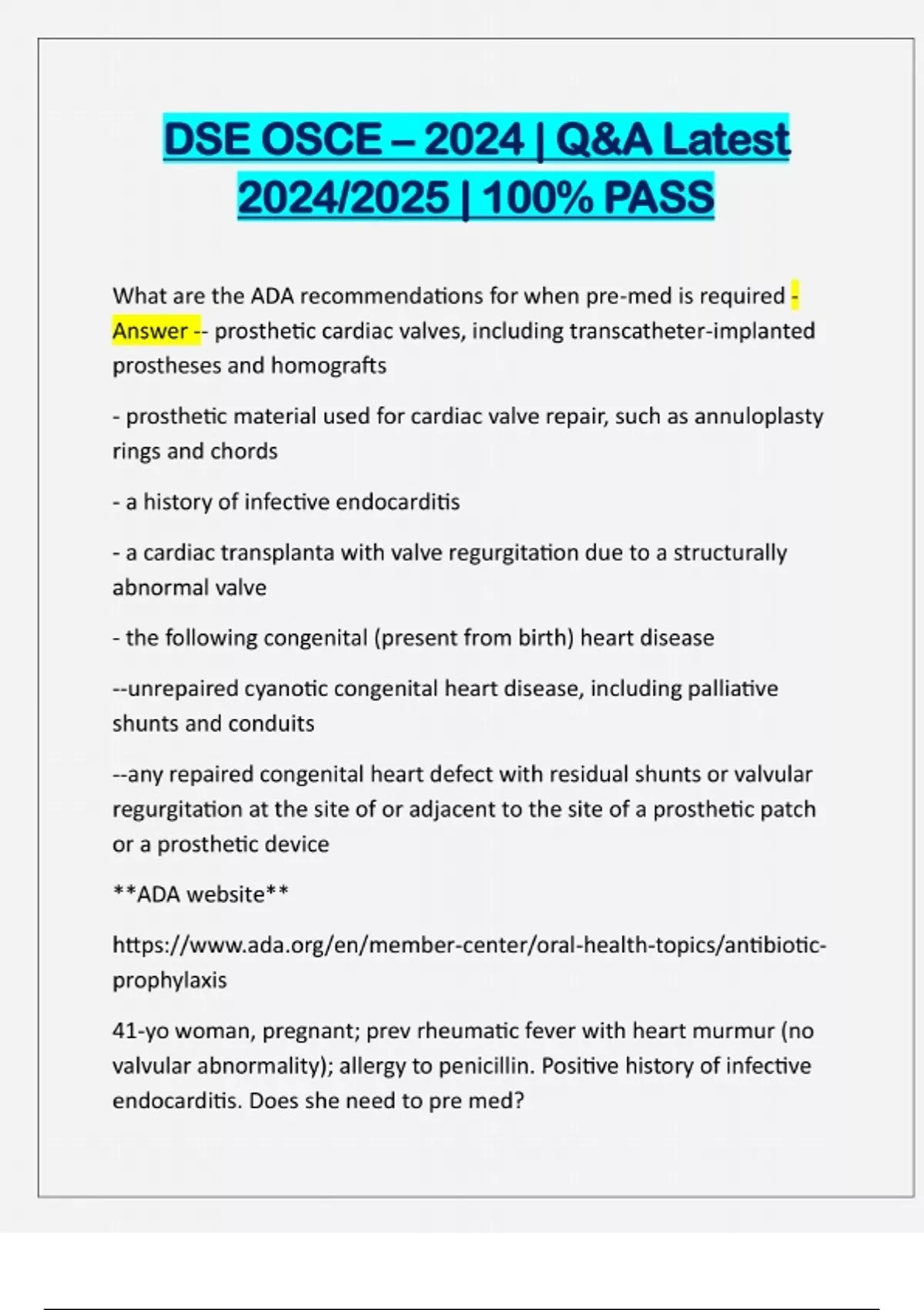 DSE OSCE – 2024 | Q&A Latest 2024/2025 | 100% PASS - DSE OSCE - Stuvia US