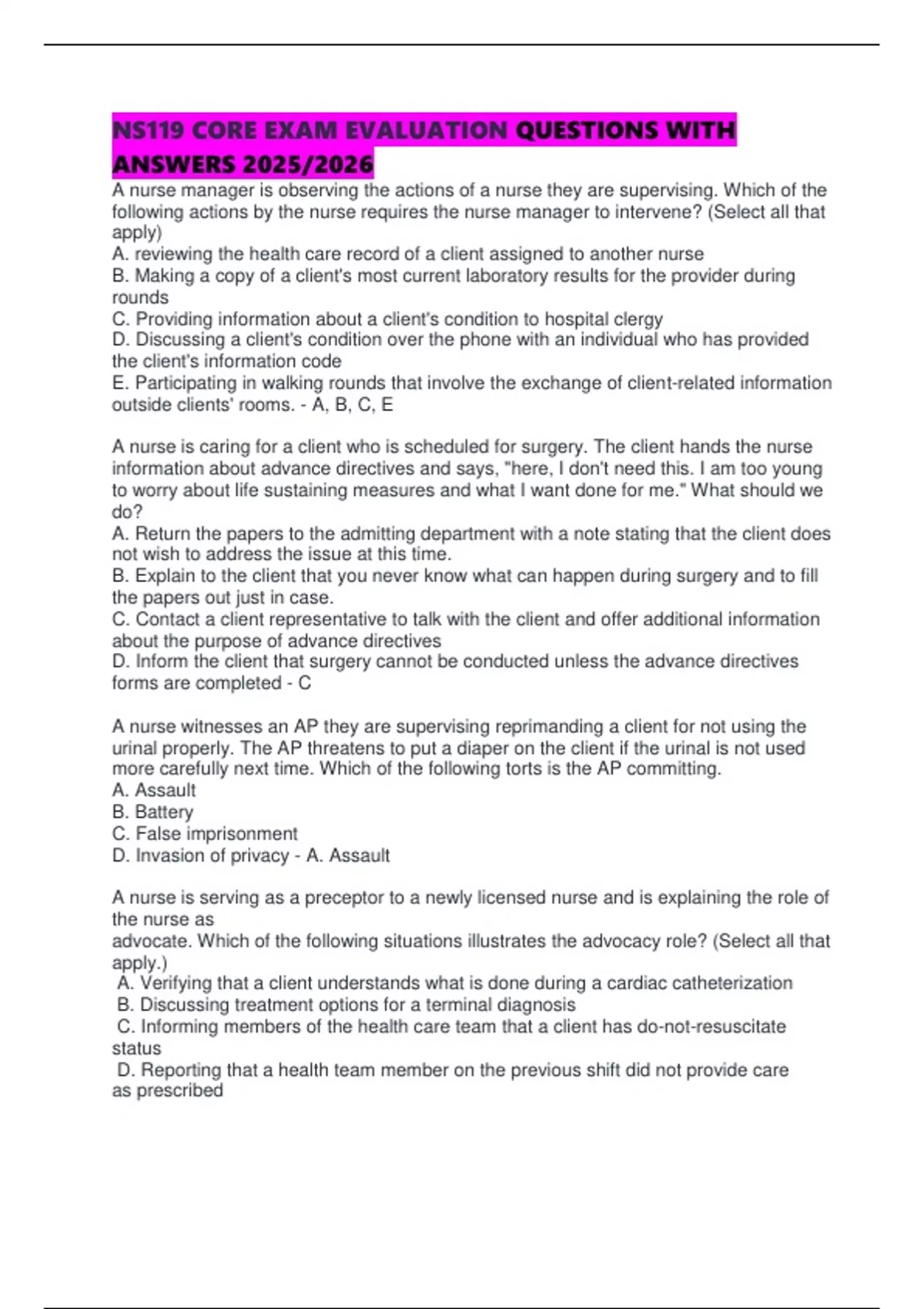 NS119 EVALUATION QUESTIONS WITH ANSWERS 2025/2026 - NS119 - Stuvia US