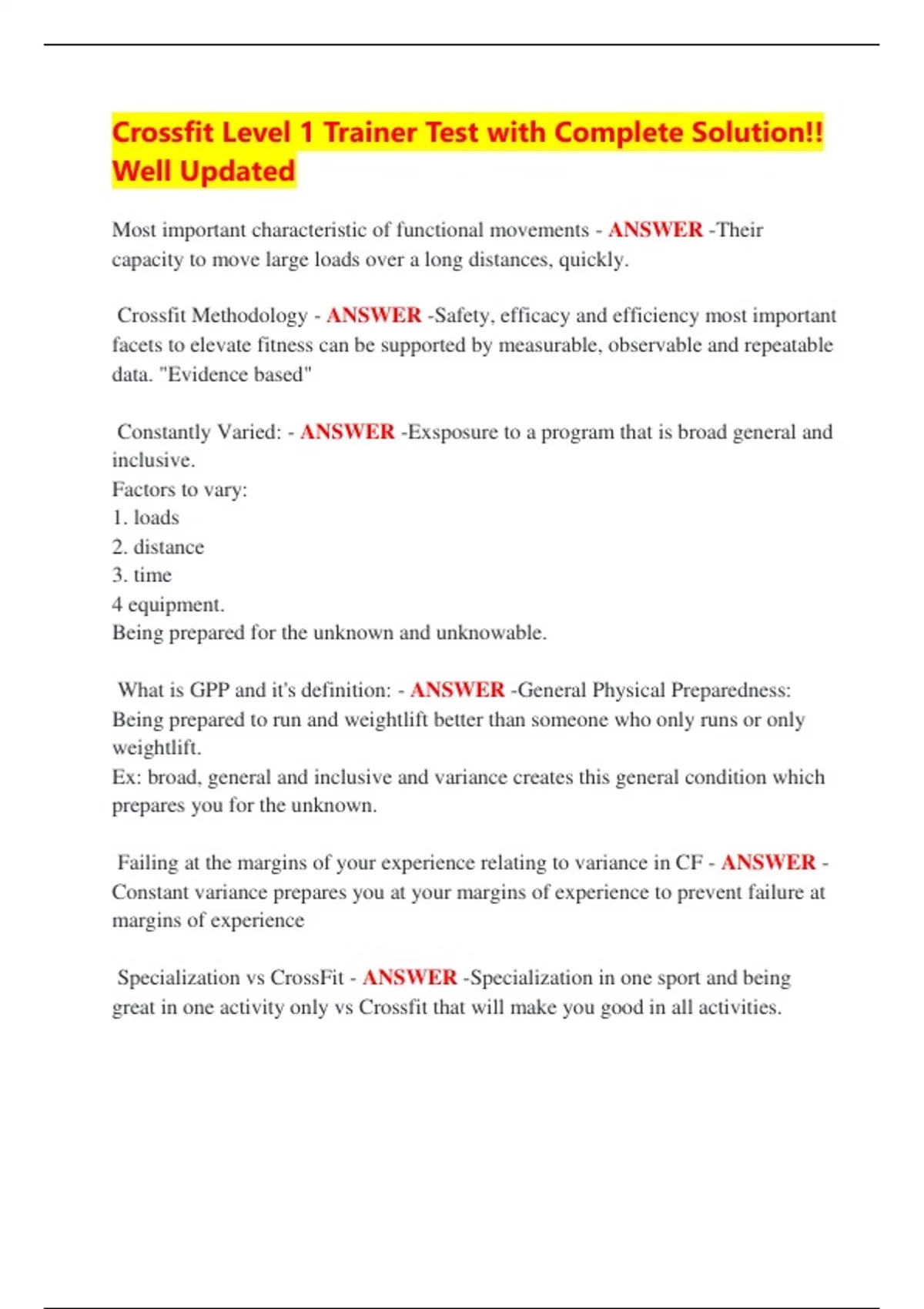 Crossfit Level 1 Trainer Test with Complete Solution!! Well Updated ...