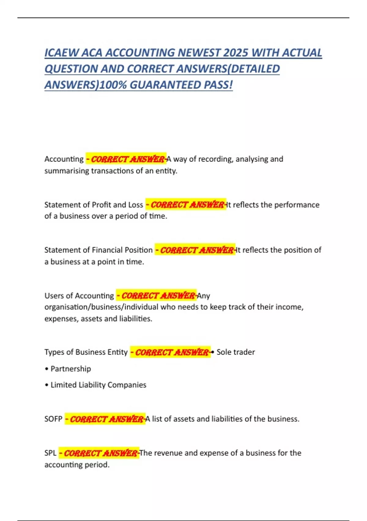 ICAEW ACA ACCOUNTING NEWEST 2025 WITH ACTUAL QUESTION AND CORRECT ...