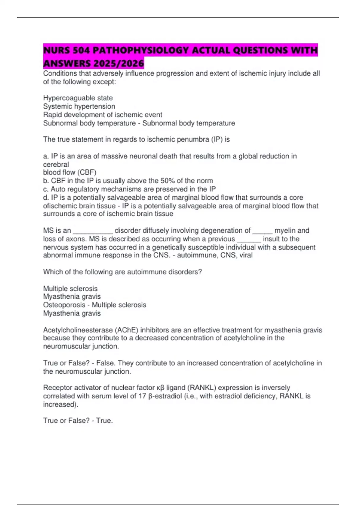 NURS 504 PATHOPHYSIOLOGY ACTUAL QUESTIONS WITH ANSWERS 2025/2026 - NURS 504 - Stuvia US
