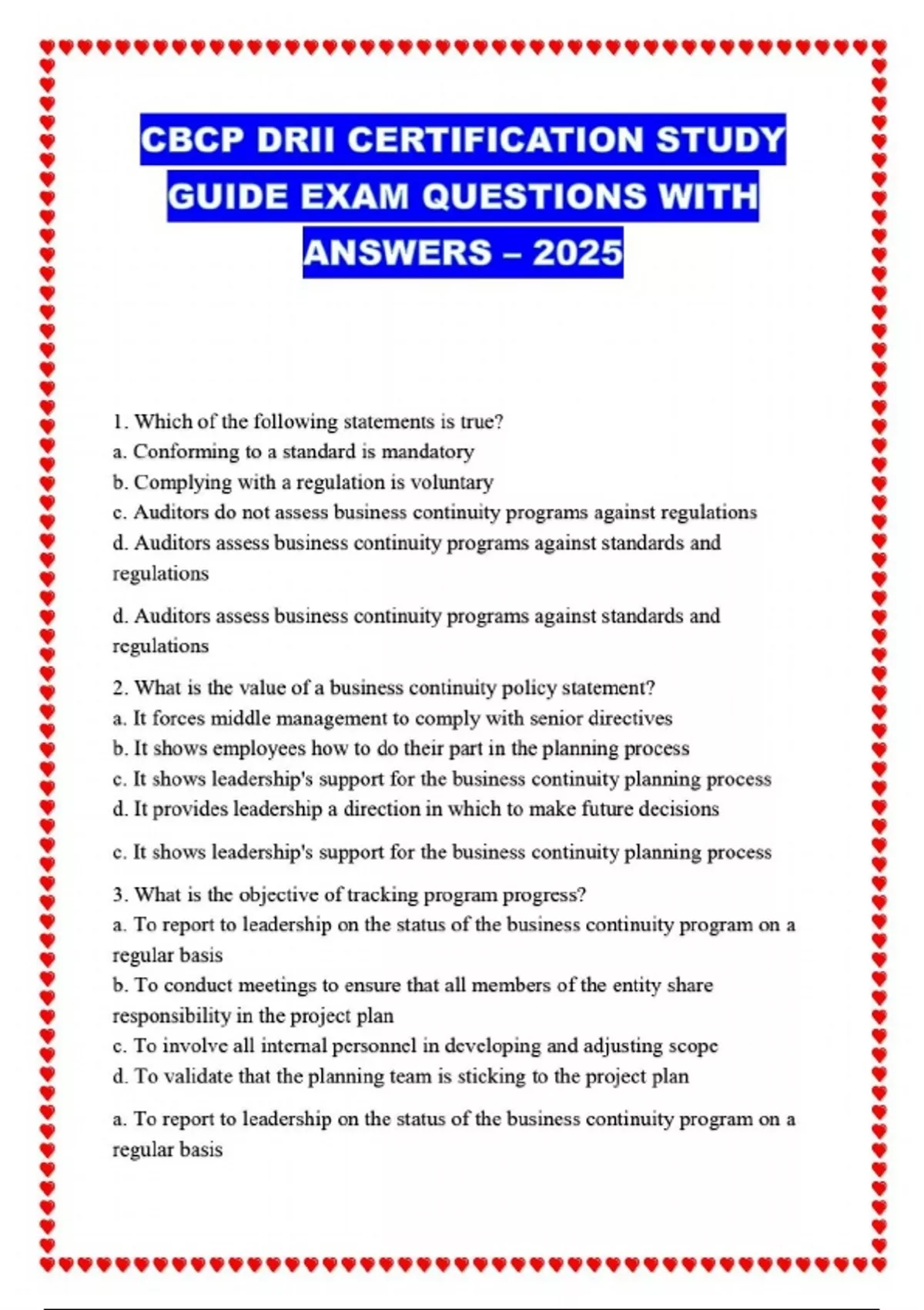 CBCP DRII CERTIFICATION STUDY GUIDE EXAM QUESTIONS WITH ANSWERS – 2025 ...