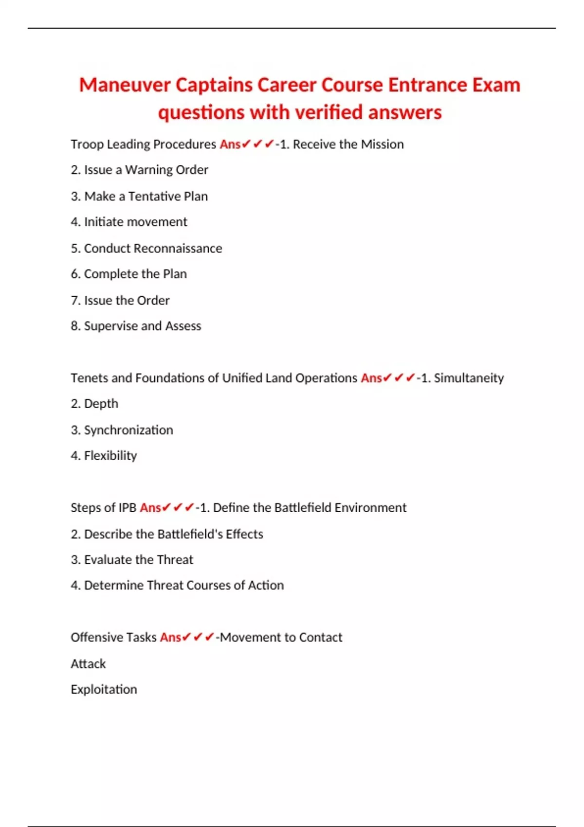 Maneuver Captains Career Course Entrance Exam questions with verified ...