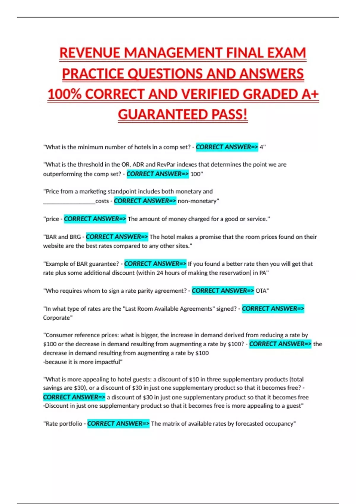REVENUE MANAGEMENT FINAL EXAM PRACTICE QUESTIONS AND ANSWERS 100% ...